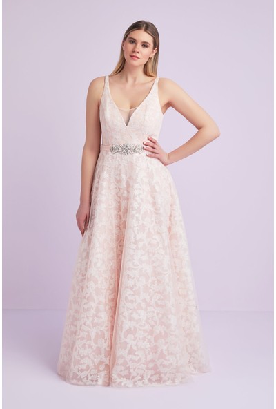 Oleg Cassini Toz Pembe Illüzyon Yaka A Kesim Büyük Beden Abiye