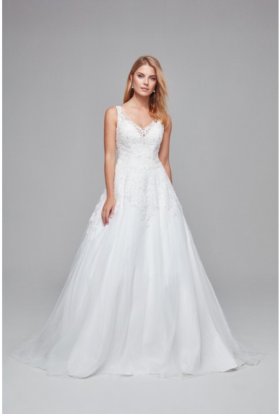 Oleg Cassini Dantel Askılı V Yaka A Kesim Dekoltesiz Gelinlik