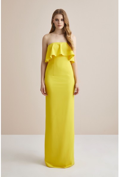 Oleg Cassini Limon Sarısı Straplez Krep Yırtmaçlı Uzun Abiye Elbise Oleg Cassini Limon Sarısı Straplez Krep Yırtmaçlı Uzun Abiye Elbise