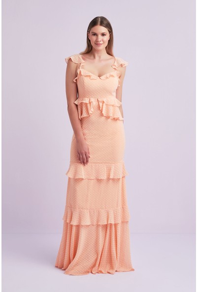 Oleg Cassini Yavruağzı Askılı Fırfırlı Şifon Uzun Büyük Beden Elbise