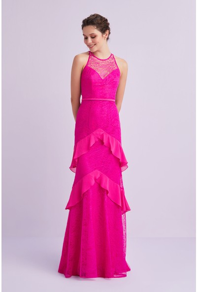 Oleg Cassini Neon Pembe Illüzyon Halter Yaka Uzun Abiye Elbise
