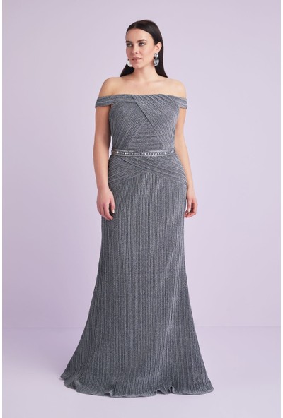 Oleg Cassini Gümüş Madonna Yaka Payetli Uzun Büyük Beden Abiye