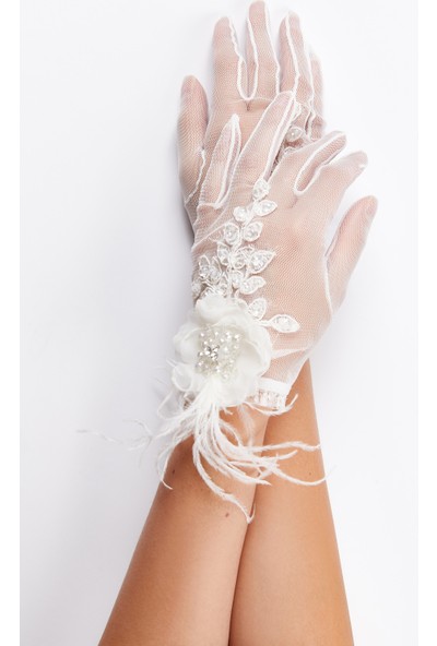 Oleg Cassini Çiçek Tüy Detaylı Gelinlik Eldiveni