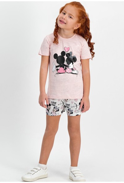 Mickey Mouse Lisanslı Bisiklet Yaka Kız Çocuk Şort Takım