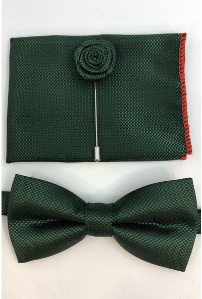 Quesste Koyu Yeşil Armür Desenli Papyon Mendil Yaka Iğneli Takım Set