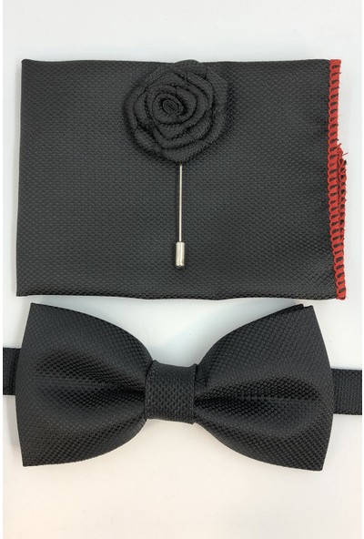 Quesste Siyah Armür Desenli Papyon Mendil Yaka Iğneli Takım Set