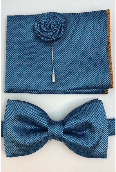 Quesste Turkuaz Armür Desenli Papyon Mendil Yaka Iğneli Takım Set