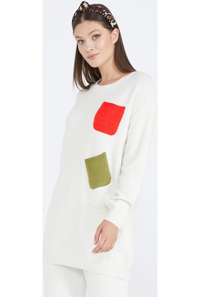 Sementa Kadın Renkli Cep Detaylı Triko Tunik