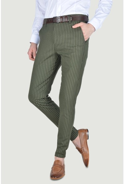 Terapi Men Erkek Çizgi Desenli Slim Fit Keten Pantolon 20Y-2200276 Yeşil