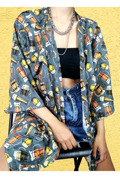 Vatkalimon Kadın Standart Beden Desenli Kimono Gömlek
