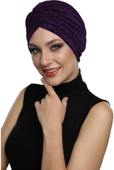 Fidan Bone Brokar Bantlı Mürdüm Astarlı Hazır Türban Tesettür Bone