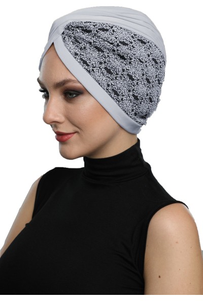 Fidan Bone Çapraz Buklet Gri-Lacivert Hazır Türban Tesettür Bone