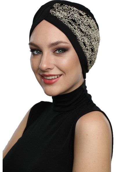 Fidan Bone Çapraz Buklet Siyah-Bej Hazır Türban Tesettür Bone