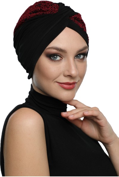 Fidan Bone Çapraz Buklet Siyah-Bordo Hazır Türban Tesettür Bone