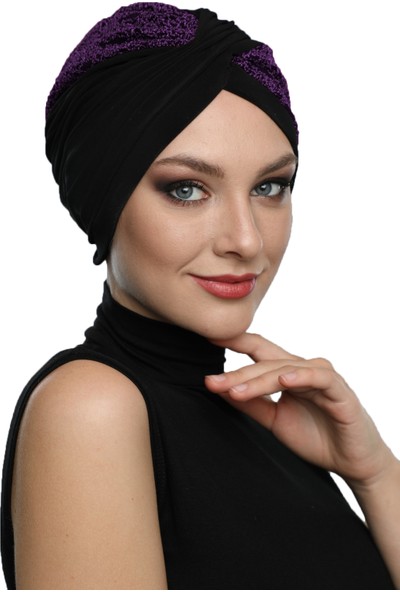 Fidan Bone Çapraz Buklet Siyah-Mor Hazır Türban Tesettür Bone