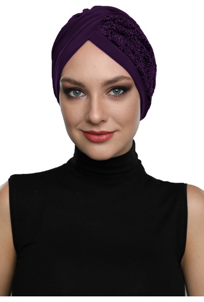 Fidan Bone Çapraz Buklet Mor Hazır Türban Tesettür Bone