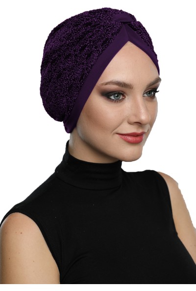 Fidan Bone Buklet Bantlı Mor Astarlı Hazır Türban Tesettür Bone