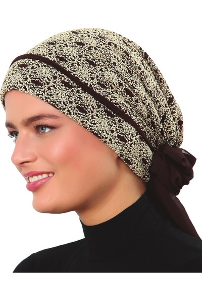 Fidan Buklet Biyeli Kahve-Bej Hazır Tesettür Bone