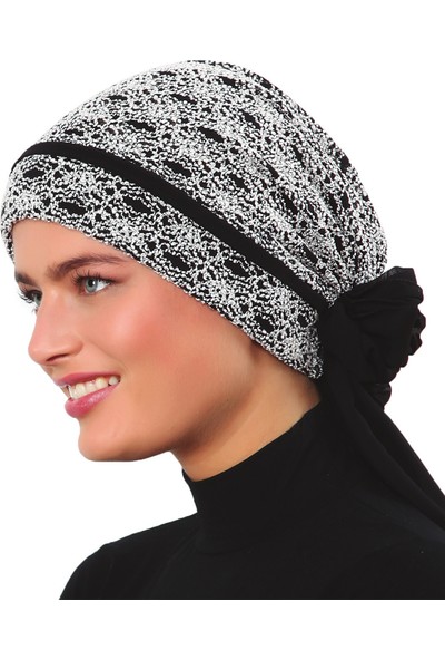 Fidan Bone Buklet Biyeli Siyah-Beyaz Hazır Türban Tesettür Bone