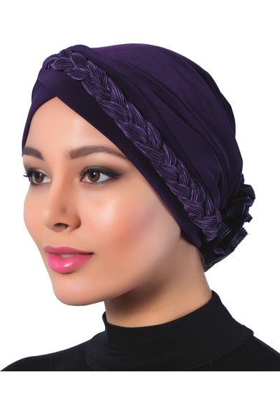 Fidan Çapraz Plise Burgulu Mor Pliseli Saç Örgü ve Gül Aksesuarlı Hazır Tesettür Bone