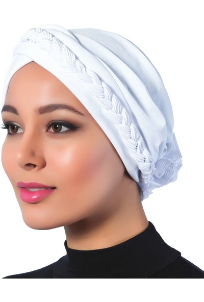 Fidan Çapraz Plise Burgulu Beyaz Pliseli Saç Örgü ve Gül Aksesuarlı Hazır Tesettür Bone