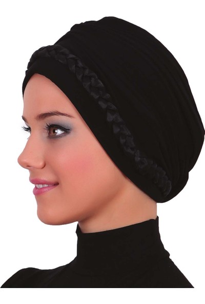Fidan Bone Burgulu Bantlı Siyah Organze Saç Örgülü Aksesuarlı Hazır Türban Tesettür Bone