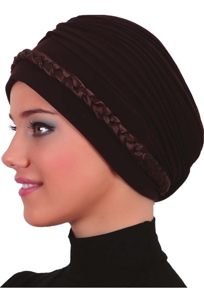 Fidan Bone Burgulu Bantlı Kahverengi Organze Saç Örgülü Aksesuarlı Hazır Türban Tesettür Bone