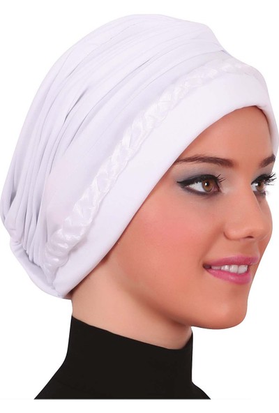 Fidan Burgulu Bantlı Beyaz Organze Saç Örgülü Aksesuarlı Tesettür Bone