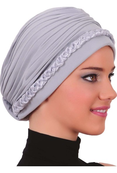 Fidan Bone Burgulu Bantlı Açık Gri Organze Saç Örgülü Aksesuarlı Hazır Türban Tesettür Bone