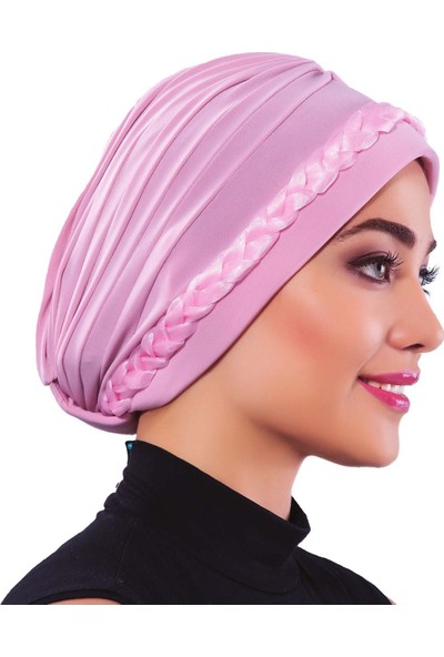 Fidan Bone Burgulu Bantlı Pudra Organze Saç Örgülü Aksesuarlı Hazır Türban Tesettür Bone