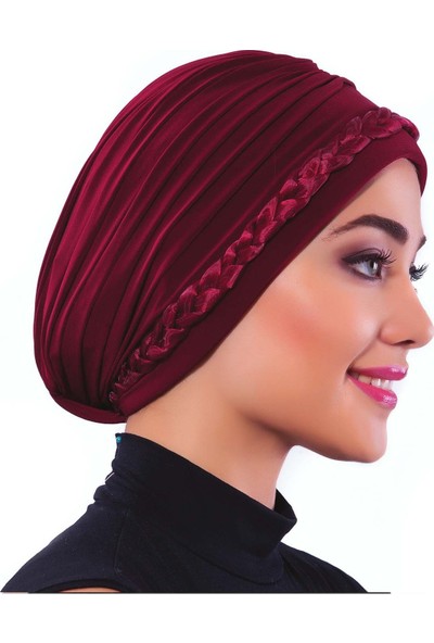 Fidan Burgulu Bantlı Bordo Organze Saç Örgülü Aksesuarlı Tesettür Bone