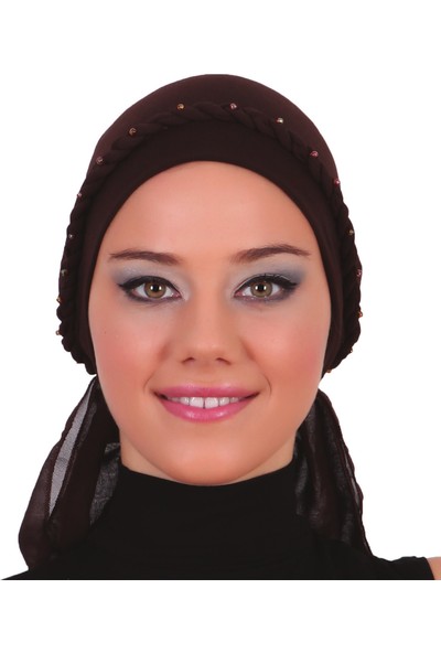 Fidan Bone Burgulu Arkası Gül Aksesuarlı Kahve Hazır Türban Tesettür Bone