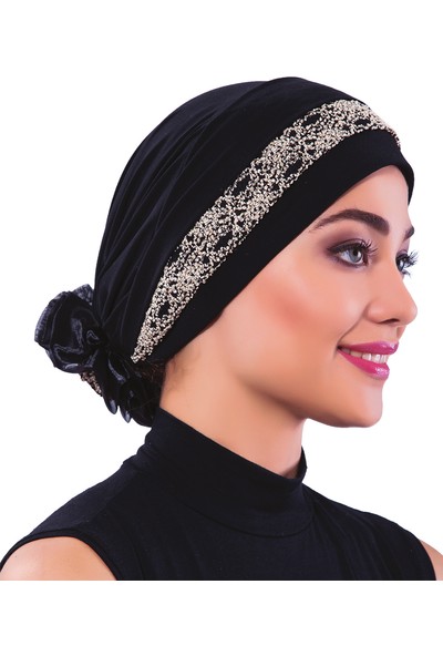 Fidan Bone Katmerli Buklet Arkası Gül Detaylı Siyah Bej Hazır Türban Tesettür Bone