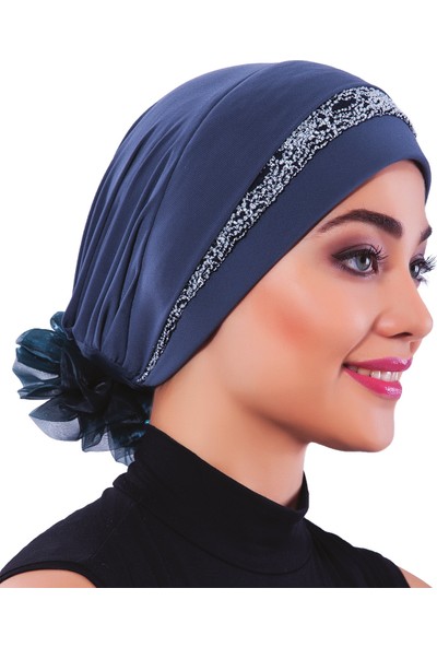 Fidan Katmerli Fidan Buklet Arkası Gül Detaylı Füme Lacivert Tesettür Bone