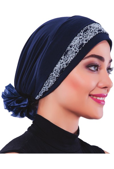 Fidan Bone Katmerli Buklet Arkası Gül Detaylı Lacivert Gri Hazır Türban Tesettür Bone
