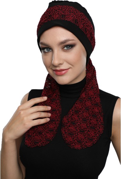 Fidan Bone Buklet Bandana Bağlamalı Siyah Bordo Hazır Türban Tesettür Bone