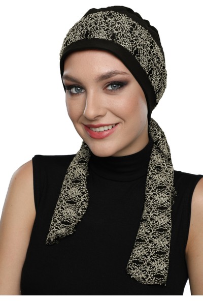 Fidan Bone Buklet Bandana Bağlamalı Siyah Bej Hazır Türban Tesettür Bone