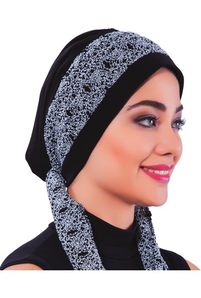 Fidan Bone Buklet Bandana Bağlamalı Siyah Gri Hazır Türban Tesettür Bone