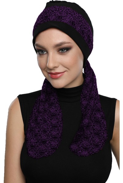 Fidan Bone Buklet Bandana Bağlamalı Siyah Mor Hazır Türban Tesettür Bone