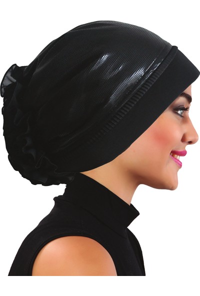 Fidan Lame Kordone Arkası Fırfır Detaylı Siyah Tesettür Bone