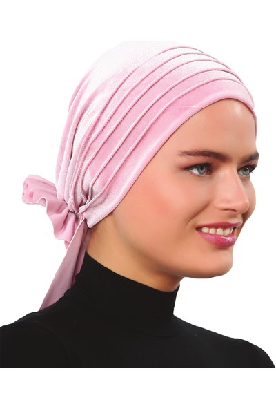 Fidan Bone Kadife Pliseli Gül Detaylı Pudra Hazır Türban Tesettür Bone