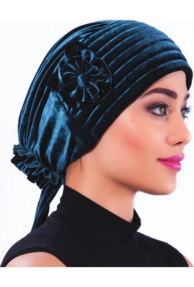 Fidan Bone Kadife Bandana Petrol Hazır Türban Tesettür Bone