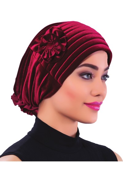 Fidan Bone Kadife Bandana Bordo Hazır Türban Tesettür Bone