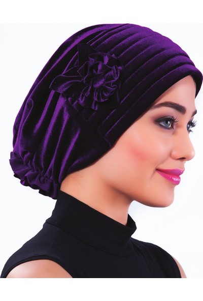 Fidan Bone Kadife Bandana Mor Hazır Türban Tesettür Bone