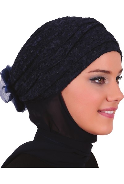 Fidan Bone Dantel Atkılı Lacivert Hazır Türban Tesettür Bone