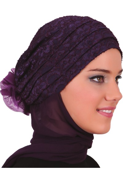 Fidan Bone Dantel Atkılı Mor Hazır Türban Tesettür Bone