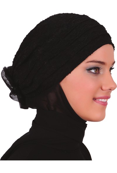 Fidan Dantel Atkılı Siyah Tesettür Bone