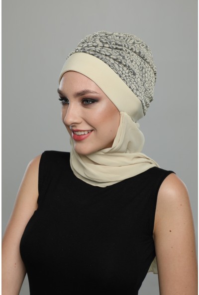 Fidan Brokar Atkılı Bej Tesettür Bone