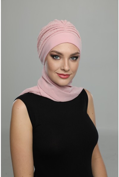 Fidan Bone Brokar Atkılı Pudra Hazır Türban Tesettür Bone