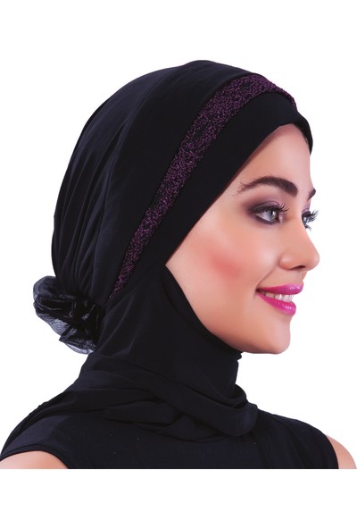 Fidan Bone Katmerli Atkılı Buklet Siyah Mor Hazır Türban Tesettür Bone